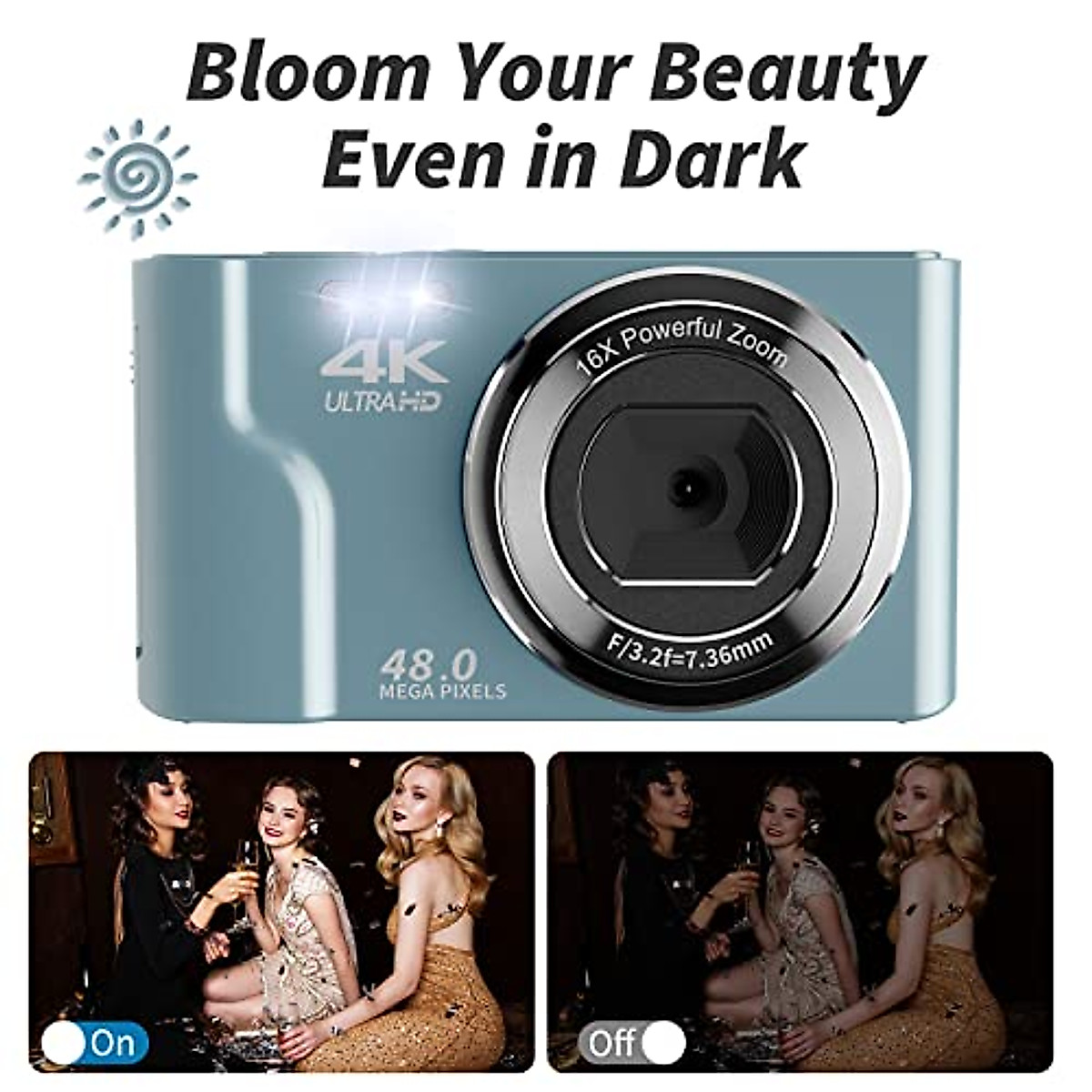 Saneen Digital Camera, 4K Kids Camera with 32GB SD Card and 2 Rechargeable Batteries, 48MP & 16X Digital Zoom Compact Point and Shoot Photography Cameras for Kids, Beginners, Elder - Blue