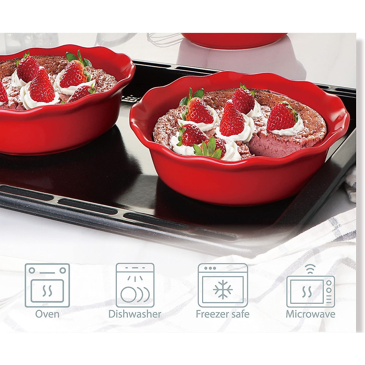 ONEMORE Pie Pans, 6.8 inch Small Chicken Pot Pie Plates 16 oz Deep Dish Pie Pan Ceramic Baking Plates for Dessert Oven Safe Round Baking Dish Pans Set of 4 - Red