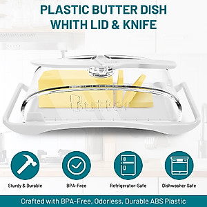 Cnsndqedke Butter Dish with Lid and Knife, Plastic Butter Keeper/Container for Countertop, Easy Scoop, No Mess Lid, BPA-Free, Dishwasher & Refrigerator Safe, Ideal for Home and Camping - White