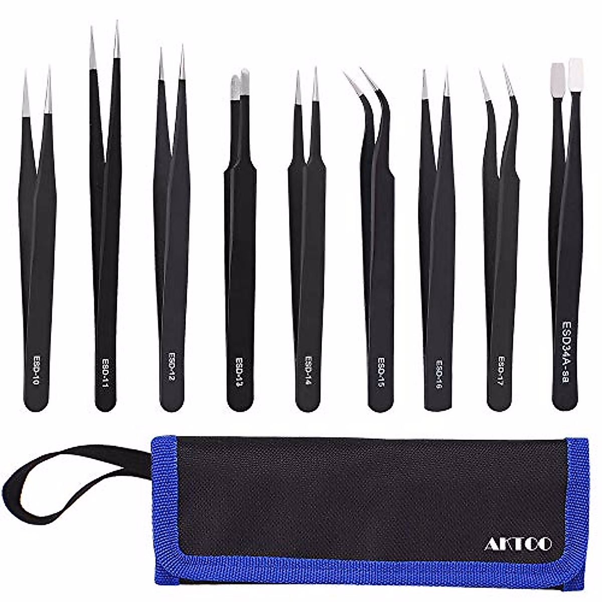 ESD Anti-Static Precision Tweezers Tools Kit Non-magnetic Stainless Steel Tweezers Set with Storage Bag by AKTOO for Electronics soldering,Phone Repair,Jewelry,Craft,Laboratory Work,9 Pcs