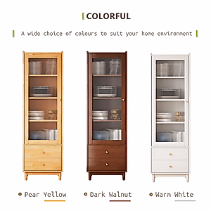 NELYE Wooden Glass Door Bookcase - 4-Tier Cube Bookshelf Storage Cabinet with Double Drawer and Adjustable Shelf, Solid Wood Legs Cupboard in Pear Yellow