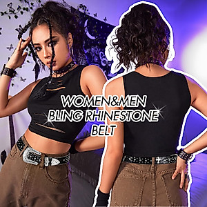 Balteus Women Men Rhinestone Belt,Fashion Western Cowgirl Cowboy Bling Studded Cross Leather Belt Diamond for Jeans Dress,Black,S,