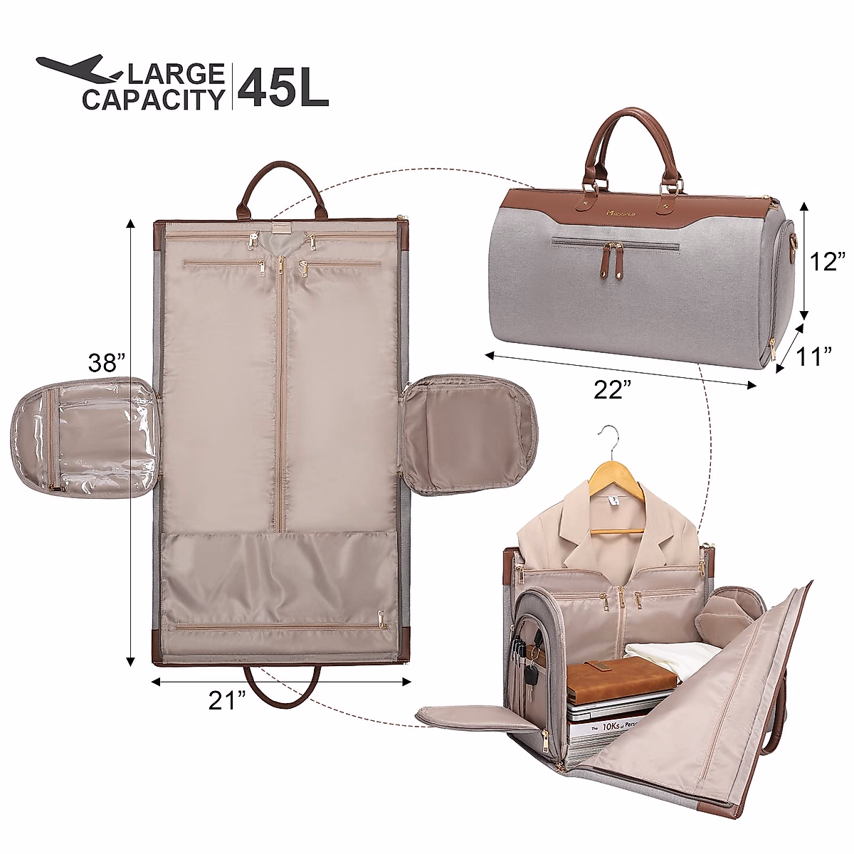 Modoker Carry on Garment Bags for Travel, Convertible Garment Duffel Bag with Shoulder Strap for Men Women- 2 in 1 Hanging Suitcase Suit Travel Bags