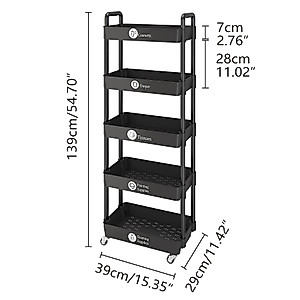 UDEAR 5-Tier Rolling Utility Cart with 12 Category Labels,Multifunctional Storage Shelves with Handle and Lockable Wheels for Room,Office,Kitchen,Bathroom,Black