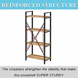 BON AUGURE Industrial 4 Tier Bookshelf, Modern Open Etagere Bookcase, Heavy Duty Book Shelves, Wood Metal Shelving Unit for Living Room, Bedroom and Office (Vintage Oak)