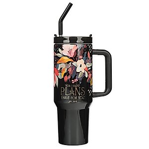 Christian Art Gifts Extra Large Stainless Steel Double Wall Vacuum Insulated Travel Tumbler for Women: Hope & Future Inspirational Scripture, Lid, Straw, Sturdy Handle, Black Multicolor Floral, 40 oz.