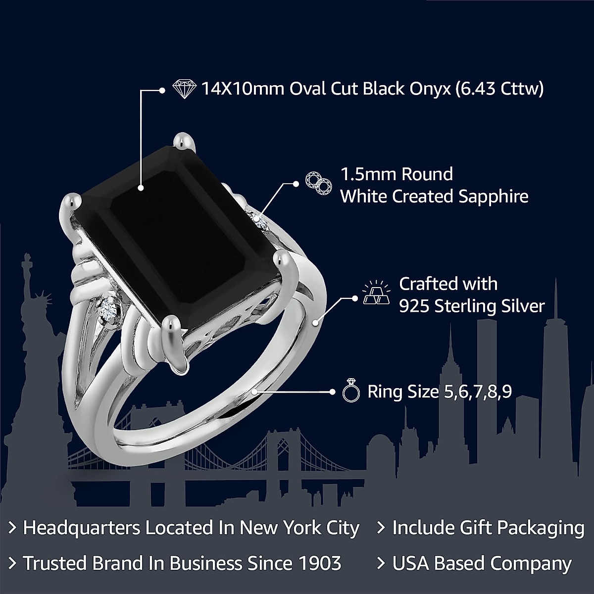 Gem Stone King 925 Sterling Silver Black Onyx and White Created Sapphire Engagement Ring For Women (6.43 Cttw, Gemstone December Birthstone, Emerald Cut 14X10MM, Size 9)