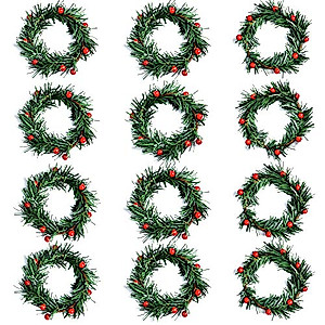 Artflower 12 Pcs Christmas Candle Rings Wreath Mini Christmas Wreath with Red Artificial Berry Christmas Pine Wreath Candle Holder Rings for Christmas Holiday Table Decorations (3 inch)
