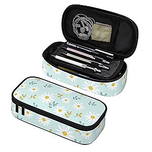 Cute Green Daisy Pencil Case with Zipper, Large Capacity Kawaii Pencil Pouch Aesthetic Pencil Box Marker Pencil Bag for Girls and Boys