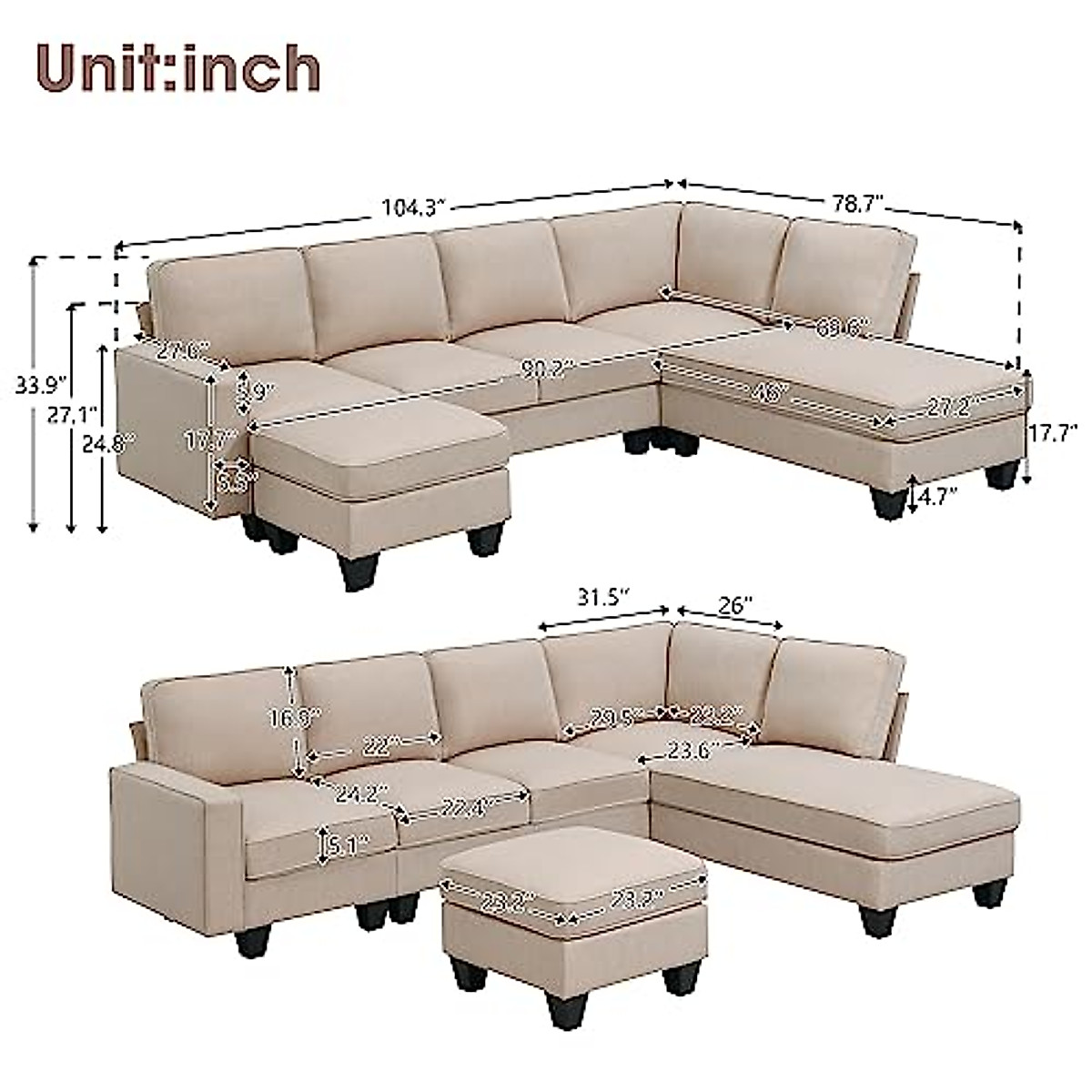 Lifeand 104.378, 7-seat Linen Fabric Couch Set with Chaise Lounge and Convertible Ottoman for Living Room,Apartment,Office Modern L-Shaped Sectional Sofa, Khaki