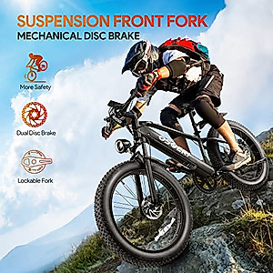 Osoeri 26" x 4" Fat Tire Electric Bike for Adults, 65Miles Range 48V 20Ah LG Cells Battery Ebike, 750W Brushless Motor 28MPH Shimano 7-Speed Electric Bicycle, Lockable Suspension Fork, UL Certified