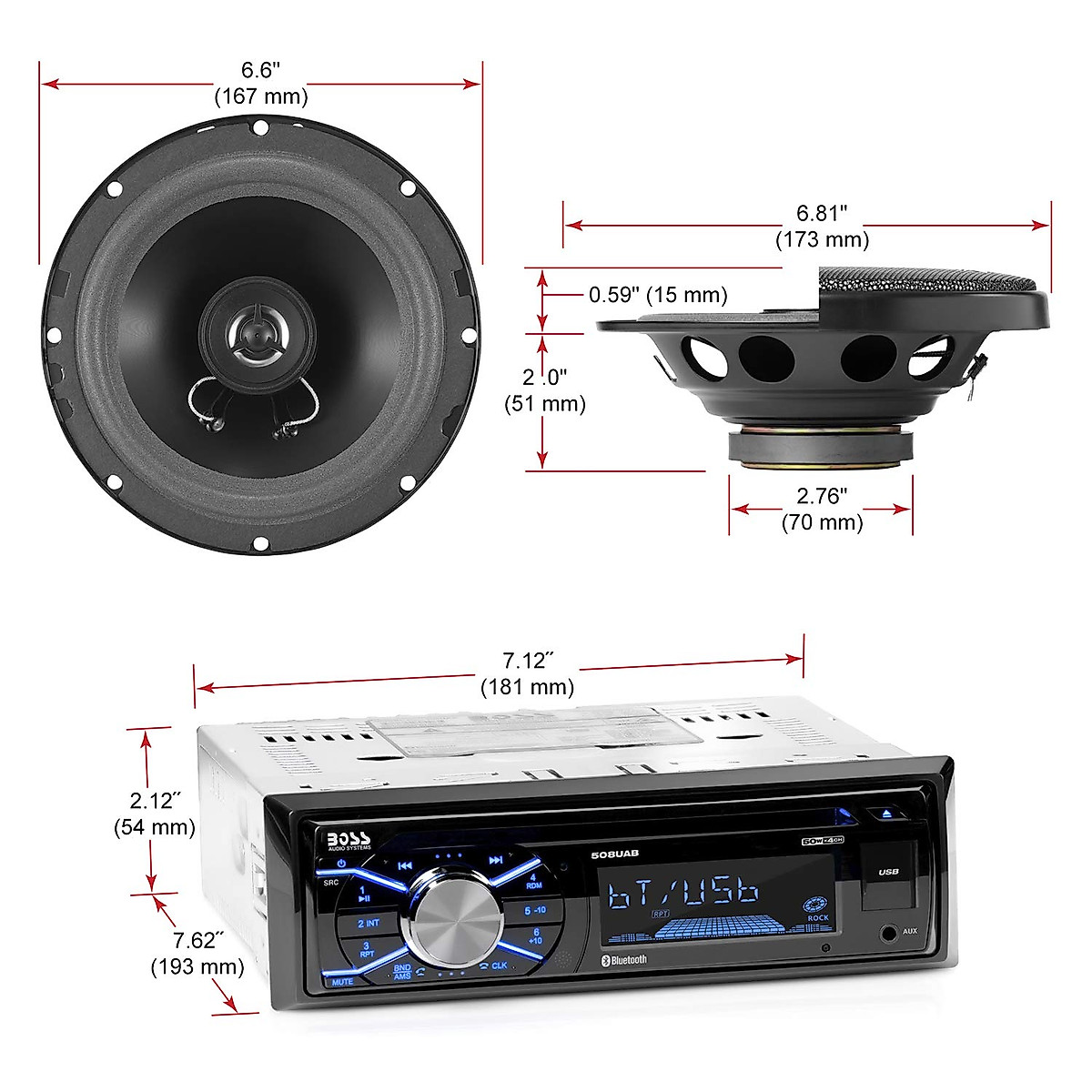 BOSS Audio Systems 656BCK Car Stereo Package - Single Din, Bluetooth, CD MP3 USB AM FM Radio, 6.5 Inch 2 Way Full Range Speakers, Black