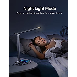 MediAcous LED Desk Lamp with Wireless Charger & USB Charging Port, Eye-Caring Office Desk Lamp, Touch Control Table Lamp with Night Light, 4 Lighting Mode, 5 Brightness, Timer, 6000K, 12V/2A