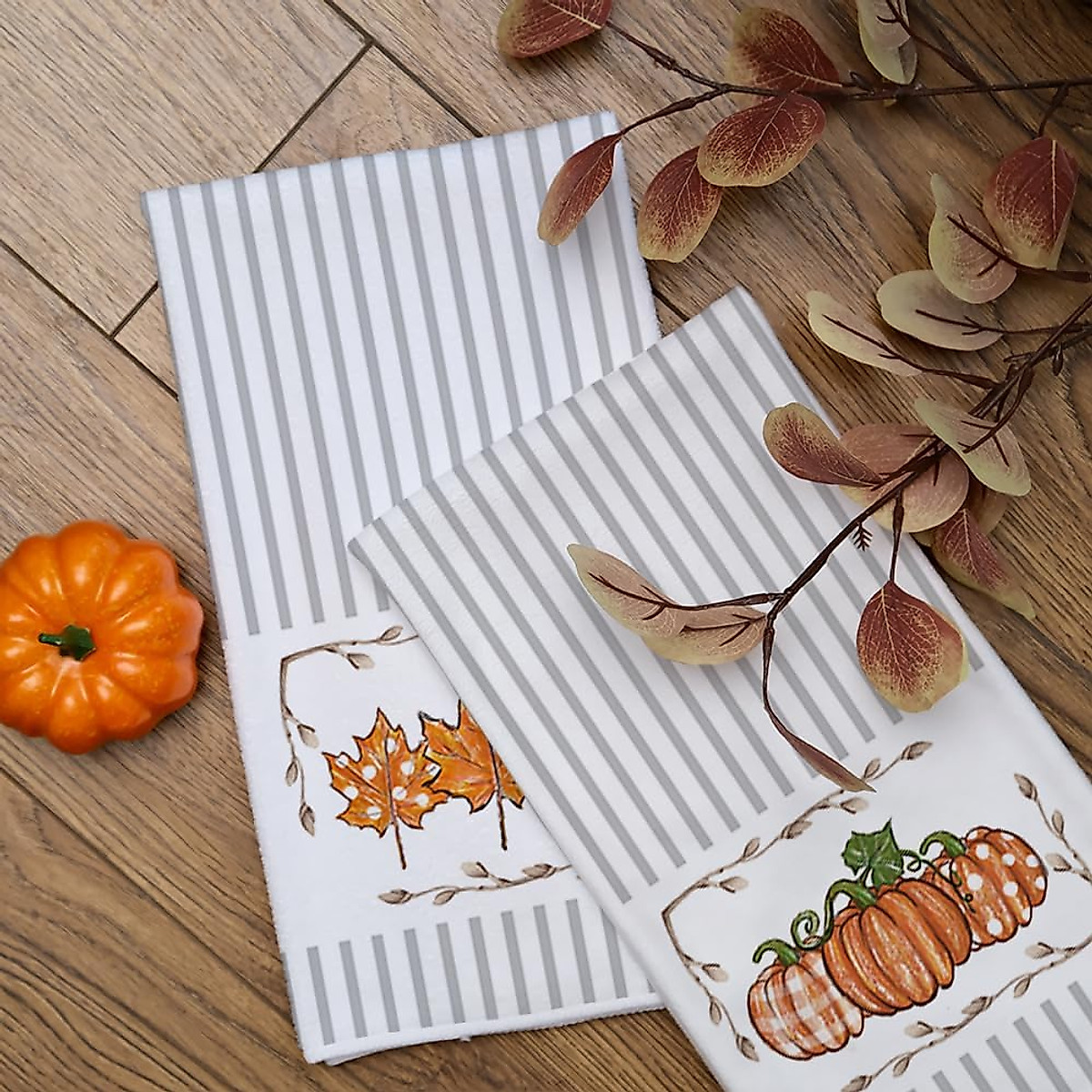 ARKENY Fall Kitchen Towels Set of 2,Orange Pumpkin Maple Autumn Dish Towels 18x26 Inch Drying Dishcloth,Farmhouse Home Decoration AD116