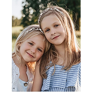 SWEETV Hairband, Flower Girl Headpiece with Flowers and Pearls, Wedding Headband for Girls, First Communion Headpiece for Girls, Princess Pearl Hair Accessories for Birthday Party