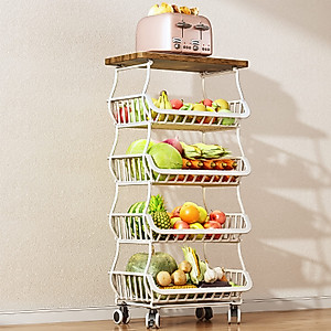 Fruit Basket for Kitchen with Wood Top 5 Tier, SAYZH Stackable Fruit and Vegetable Storage Cart, Wire Storage Basket with Wheels, Vegetable Basket Bins Rack for Onions and Potatoes, White