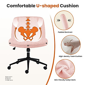 Pink Criss Cross Chair with Wheels, Vanity Desk Chair with Back, Ergonomic Armless Cross Legged Chair with Adjustable High for Vanity Home Office Makeup Room, Teddy Fabric, Comfy Cushion (Pink)