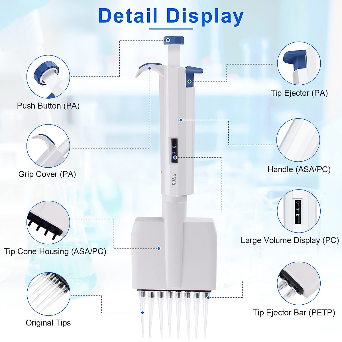 FOUR E'S SCIENTIFIC Multichannel Pipette 8 Channels Adjustable Volume Pipettor, 50-300uL