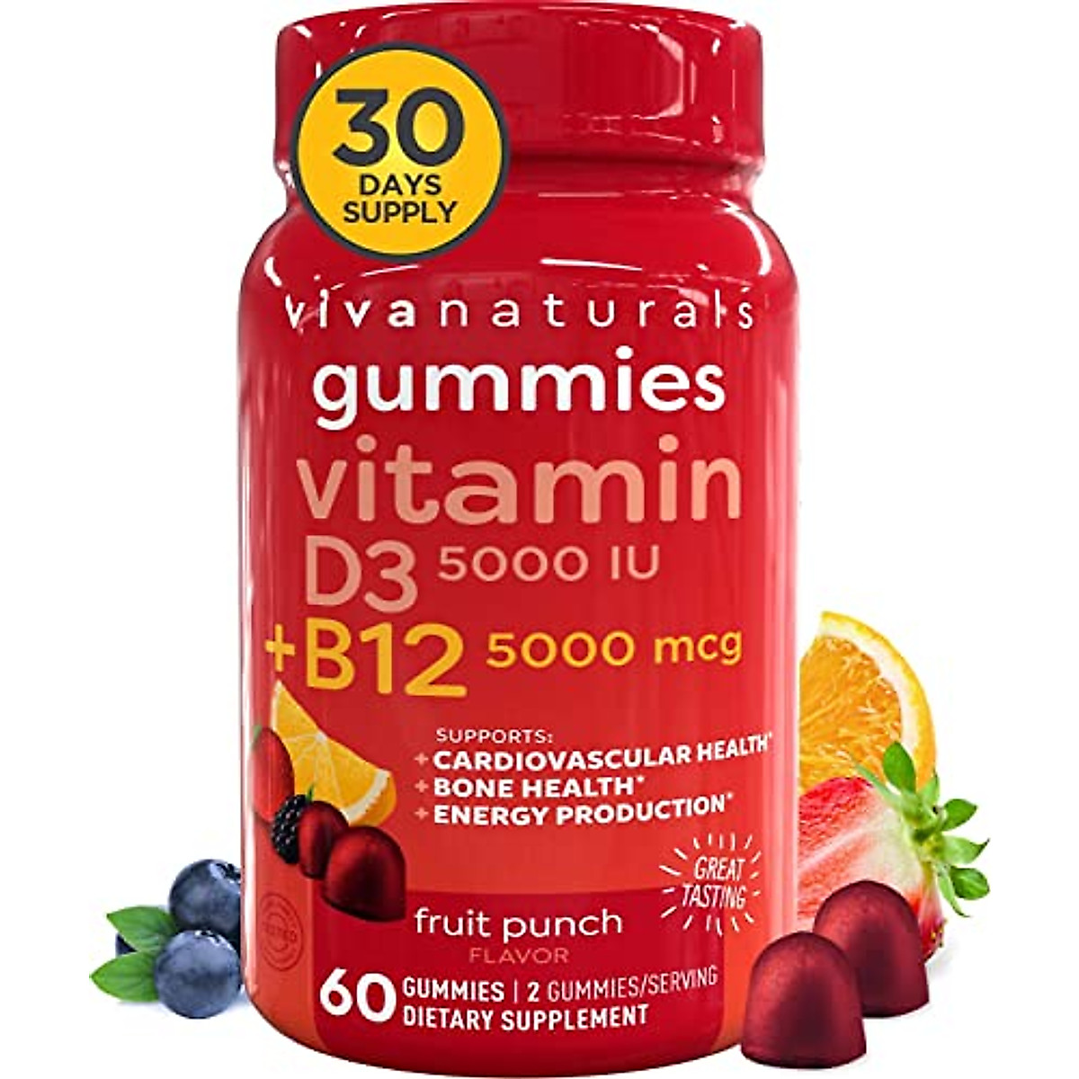 Vitamin B12 5000mcg and Vitamin D3 5000 IU Gummies, 60 Count | Delicious Fruit Punch Flavor, Vitamin D and Methyl B12 Vitamins for Energy and Immune Support