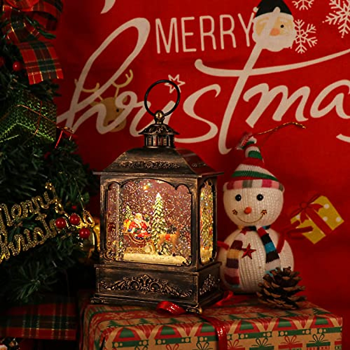 Wondise Christmas Muscal Snow Globe with Timer, USB Plug-in & Battery Operated Spinning Water Glitters Lighted Singing Snow Globe Lantern for Christmas Decorations(Santa)