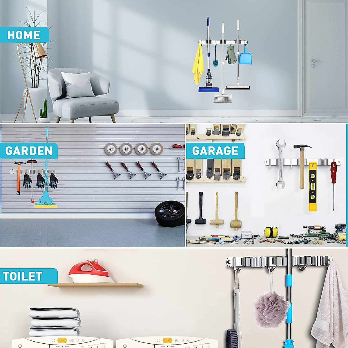 Broom Mop Holder Wall Mount, Garage Organization Tool Organizer Storage Broom Closet Kitchen Organization Heavy Duty Garage Tools Hanger with 3 Racks 4 Hooks for Home Kitchen Garden Laundry Room