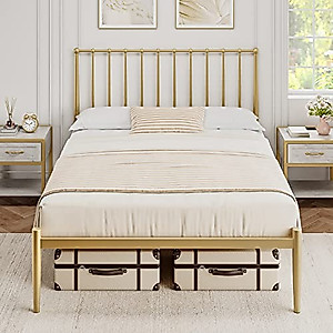 Amyove Queen Bed Frame Metal Platform Bed with Headboard, 14 Inches Metal Mattress Foundation for Storage, No Box Spring Needed, Easy Assembly, Modern, Gold