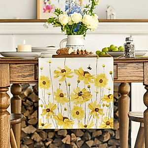 Artoid Mode Yellow Flowers Daisy Bees Summer Table Runner, Seasonal Easter Fall Holiday Kitchen Dining Table Decoration for Home Party Indoor 13x72 Inch