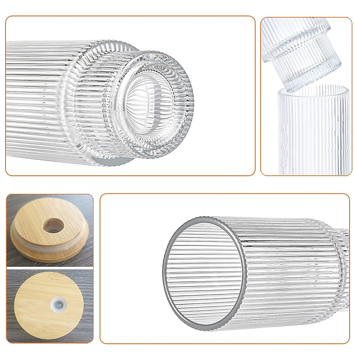 Glass Cups with Silicone Sleeve Bamboo Lid 12 oz Reusable Wide Mouth Mason Jar with Glass Straw for Car Cup Holder,Party or Travel for Smoothie, Iced Coffee, Large Pearl, Juice, Dishwasher Safe