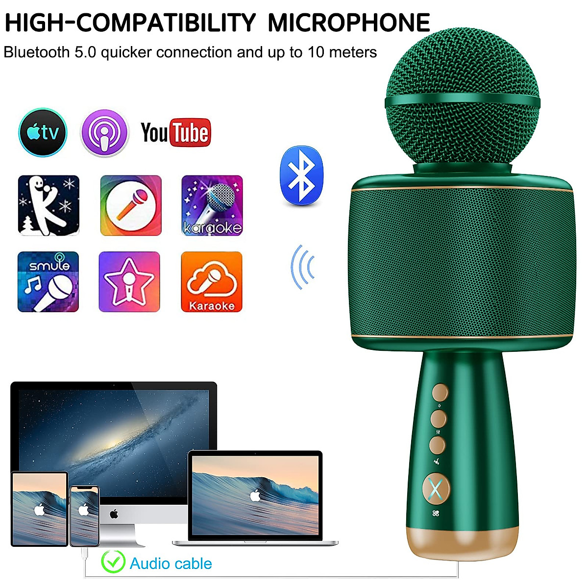 AsperX Karaoke Microphone, Wireless, Bluetooth, Portable, 5 in 1 Microphone with 40W Full Range Stereo Speaker for Singing, Suitable for Adults & Kids, Perfect for Birthday, Home Party (Green)