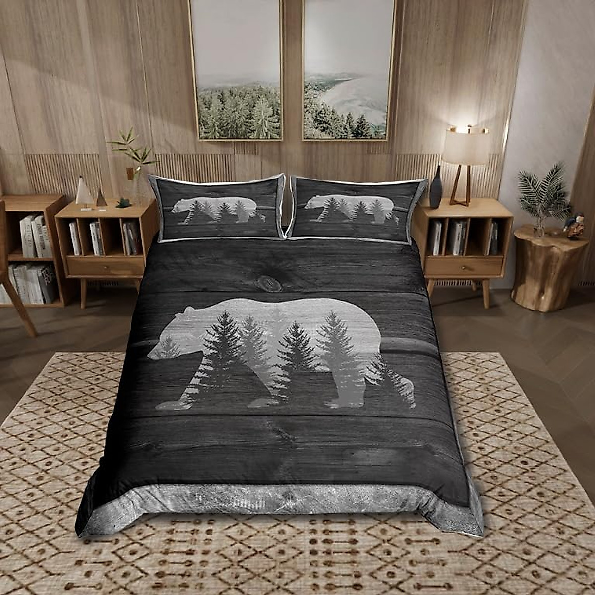 Castle Fairy Lodge Cabin Duvet Cover Gray Bear Pine Tree Silhouette Pattern Comforter Cover with 2 Pillowcases Wild Animal Western Jungle Style Bedding Set for Teens Adults King Size 3 Pieces