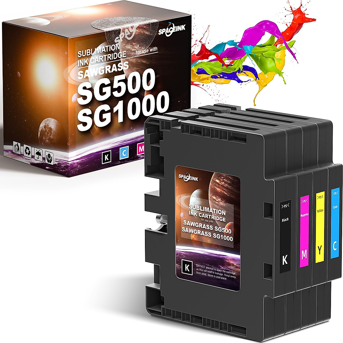 Spaceink SG500 SG1000 Sublimation Ink Cartridges for SAWGRASS Virtuoso SG500 SG1000 Printers - Upgraded Firmware 3.03 - (1*Black, 1*Cyan, 1*Magenta, 1*Yellow)