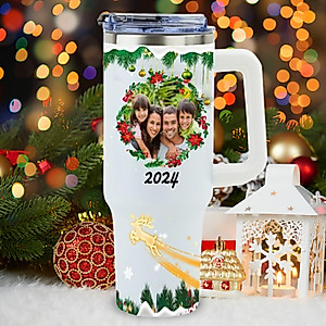 Custom Christmas Garland Tumbler - Personalized Name,Photo 40 Oz Tumbler with Handle Straw Lid,Insulated Xmas Tumbler Coffee Mug Stainless Steel Travel Mug Holiday Gifts for Kid Boy Girl Family