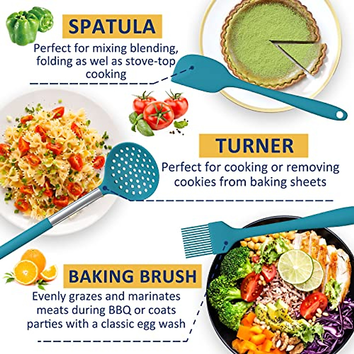 Silicone Cooking Utensil Set, Fungun Non-stick Kitchen Utensil 24 Pcs Cooking Utensils Set, Heat Resistant Cookware, Silicone Kitchen Tools Gift with Stainless Steel Handle (Blue-24pcs）