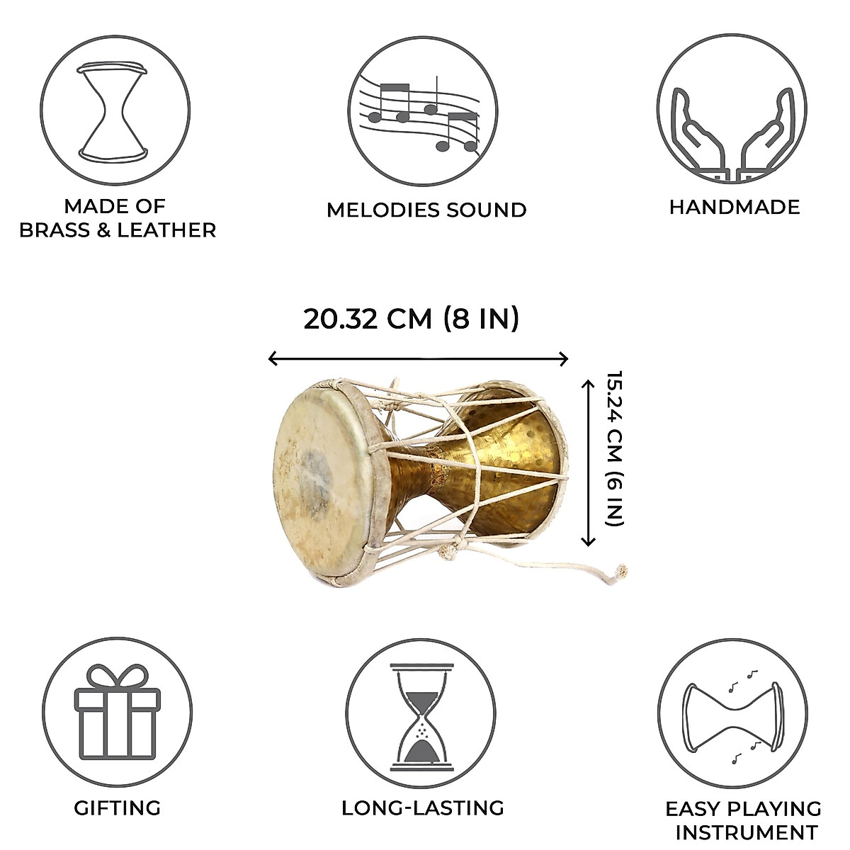 De Kulture Handheld Brass Damroo (Medium) Traditional Indian Folk Musical Percussion Instruments, Handmade Drum Damru, 6x8 (DH) Inches