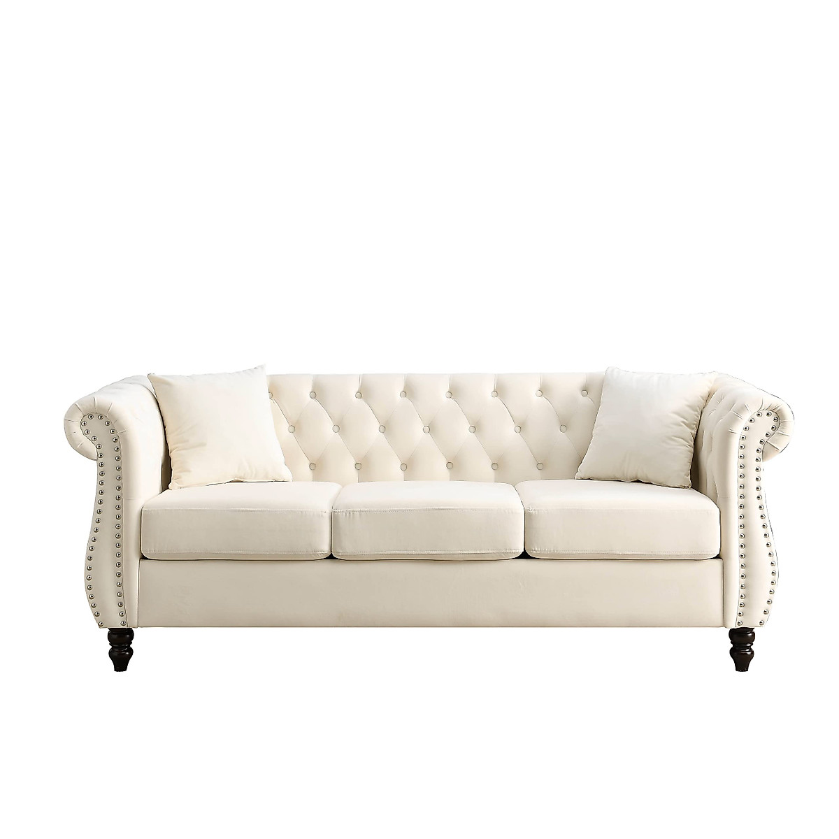 80" Chesterfield Sofa Couch Velvet 3-Seater Sofa with Two Pillows, Nailhead & Rolled Arms Upholstered Sofa with Curved Backrest Solid Wood Legs for Living Room, Bedroom, Office (Beige)