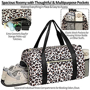 Gym Bag for Women with Shoe Compartment Waterproof, Sports Duffle Bag for Travel Duffel Weekender Carry on Beach Yoga Overnight Luggage Mommy Maternity Hospital Bag Leopard Print 17.5 Inch