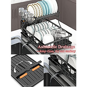 Dish Drying Rack with Drainboard,2-Tier Dish Racks for Kitchen Counter, Rustproof Drainer Set with Utensils Holder, Large Capacity Dish Strainers with Utensils Holder, Extra Drying Mat and Scrub Spong