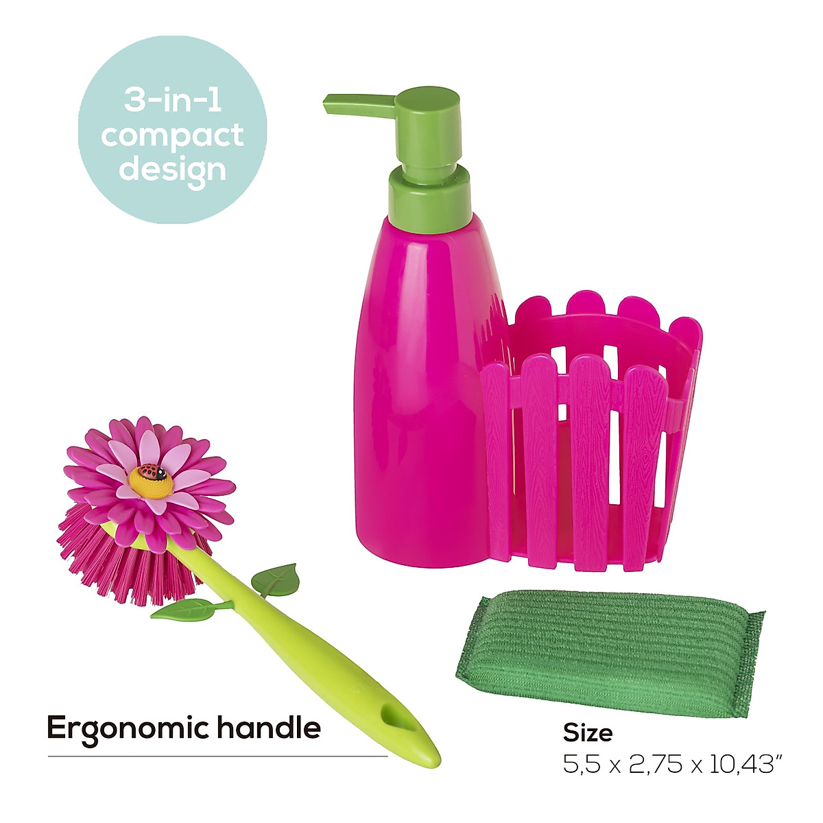 Vigar Flower Power Pink Sink Caddy Set with Soap Dispenser, 10-1/2-Inches, Pink, Green