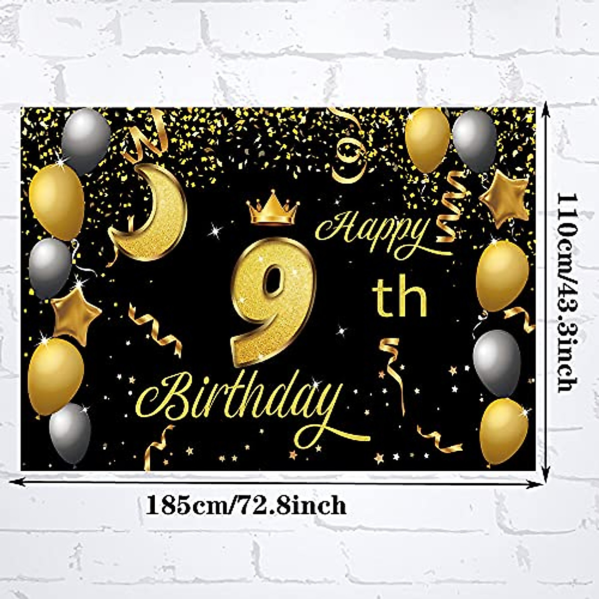 Sweet Happy 9th Birthday Backdrop Banner Poster 9 Birthday Party Decorations 9th Birthday Party Supplies 9th Photo Background for Girls,Boys,Women,Men - Black Gold 72.8 x 43.3 Inch