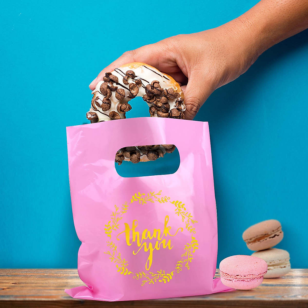 TOSPARTY 100 PCS 3 Sizes Thank you Plastic Merchandise Bags Shopping Bags with Handle Retail Bags Gift Bags for Boutique Die Cut Bags for Small Business Thanksgiving Day bags