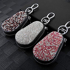 ihreesy Glitter Car Key Cover,Multifunctional Leather Key Case Glitter Rhinestone Key Bling Key Case with Zipper and Carabiner,White