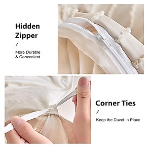 WARMDERN Khaki Boho Duvet Cover Set Queen Size, Striped Textured Tufted Bedding Set, 3 Piece Soft Washed Microfiber Duvet Cover with Zipper Closure (Khaki)