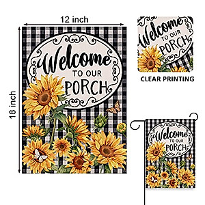 Covido Home Decorative Welcome to Our Porch Spring Sunflower Garden Flag, Summer Black White Buffalo Plaid Check Yard Outside Decoration, Autumn Farmhouse Outdoor Small Decor 12 x 18