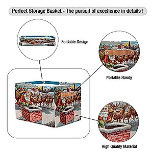 Rectangular Storage Basket Bins Christmas Santa Reindeer Sleigh Toys Books Clothes Canvas Storage Box Cubes Collapsible with Handles for Bedroom Nursery Home Office Decor Organizer Basket