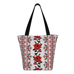 antkondnm Ukrainian Style Rose Tote Bags Shoulder Bag with Zipper for Women,Reusable Gym Picnic Travel Beach Shopping Work Daily Use Shoppers Tote