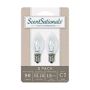 Scentsationals 15w Bulbs for Accent Wax Warmer, 15 Watt Light Candelabra E12 Base - Replacement Electric Wall Plug-in Wax Melter Candle, Certified Style C7 120 Volt (2 Bulbs)