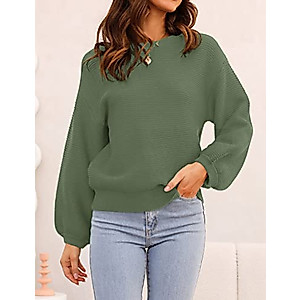 ZESICA Women's 2023 Crew Neck Long Lantern Sleeve Casual Loose Ribbed Knit Solid Soft Pullover Sweater Tops,ArmyGreen,Medium