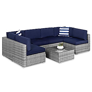 Best Choice Products 7-Piece Modular Outdoor Sectional Wicker Patio Furniture Conversation Sofa Set w/ 6 Chairs, 2 Pillows, Seat Clips, Coffee Table, Cover Included - Gray/Navy