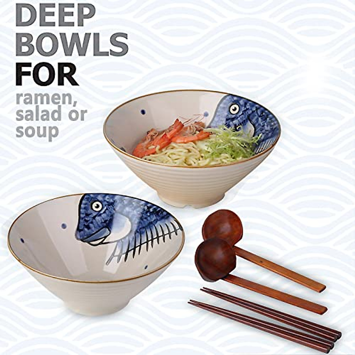 NJCHARMS Ceramic Japanese Ramen Noodle Soup Bowl, 2 Sets (6 Piece) 60 Ounce Ramen Bowls, with Spoons and Chopsticks for Udon, Pho, Asian Noodles, Ramen Noodles Bowl, Blue