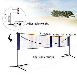 Portable Badminton Net Set, 20Ft 17Ft 12.6Ft Adjustable Sports Net with Poles Carrying Bag, Polypropylene Fiber Sports Net Set for Badminton, Tennis, Kids Volleyball, Pickleball